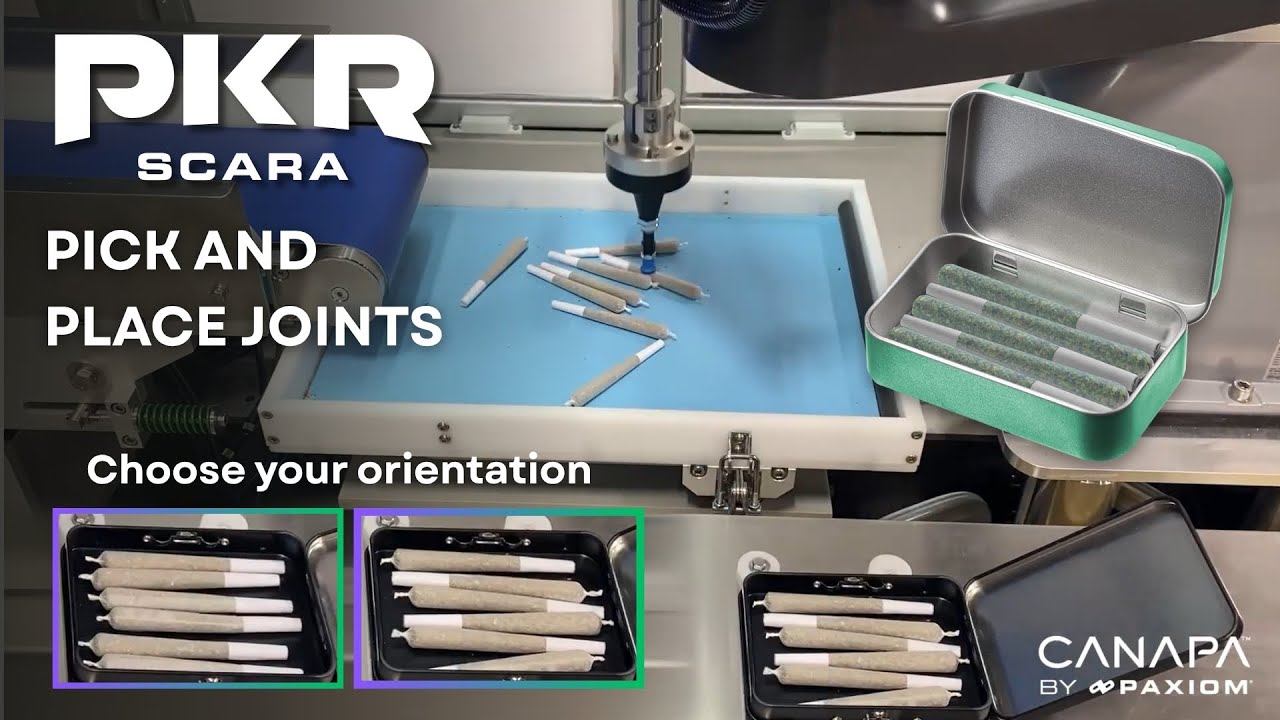 PKR SCARA Robot to pick and place pre-rolls into trays and tubes